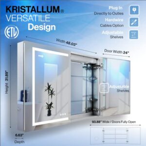 KRISTALLUM Bathroom Mirror Cabinet - 48x32 Surface or Recessed LED Medicine Cabinet with Lights w/Wireless Switch + Anti Fog/Waterproof/Dimmable/ 3 Colors Warm/Natural/White CRI >90, ETL Certified