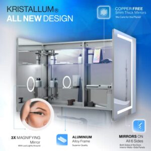 KRISTALLUM Bathroom Mirror Cabinet - 48x32 Surface or Recessed LED Medicine Cabinet with Lights w/Wireless Switch + Anti Fog/Waterproof/Dimmable/ 3 Colors Warm/Natural/White CRI >90, ETL Certified