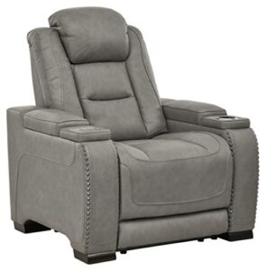 signature design by ashley the man-den leather power recliner with adjustable headrest & wireless charging, gray