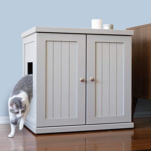 THE REFINED FELINE Cat Litter Box Enclosure Cabinet, Cottage, Smoke Gray, Adjustable Levelers, Large, Hidden Litter Cat Furniture with Drawer