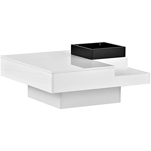 Modern Coffee Table with LED Lights, High Gloss Coffee Table with Detachable Tray,16-Color LED Light and Remote Control Square Cocktail Table with Plug-in Lighted Side Table for Living Room(White)