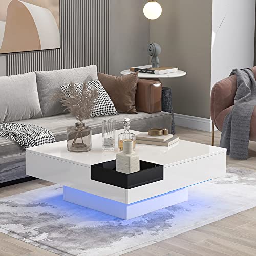 Modern Coffee Table with LED Lights, High Gloss Coffee Table with Detachable Tray,16-Color LED Light and Remote Control Square Cocktail Table with Plug-in Lighted Side Table for Living Room(White)