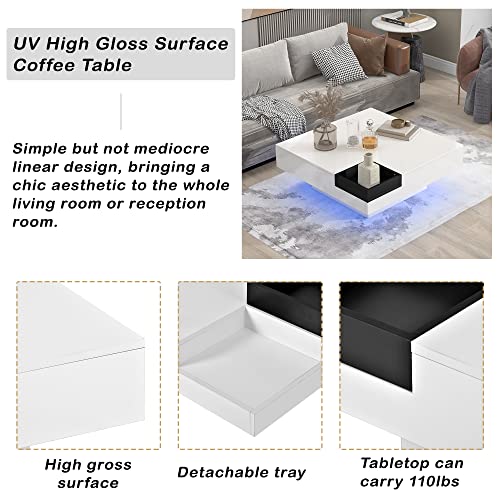 Modern Coffee Table with LED Lights, High Gloss Coffee Table with Detachable Tray,16-Color LED Light and Remote Control Square Cocktail Table with Plug-in Lighted Side Table for Living Room(White)