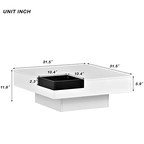 Modern Coffee Table with LED Lights, High Gloss Coffee Table with Detachable Tray,16-Color LED Light and Remote Control Square Cocktail Table with Plug-in Lighted Side Table for Living Room(White)