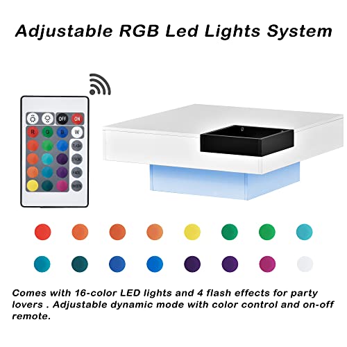 Modern Coffee Table with LED Lights, High Gloss Coffee Table with Detachable Tray,16-Color LED Light and Remote Control Square Cocktail Table with Plug-in Lighted Side Table for Living Room(White)