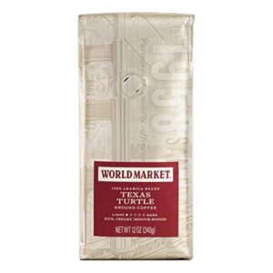 world market texas turtle ground coffee – pure medium classic roasted powdered coffee | perfect for morning coffee with caramel, chocolate and pecan flavors | 12 ounce