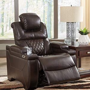 Signature Design by Ashley Warnerton Faux Leather Power Recliner with Adjustable Headrest, Brown