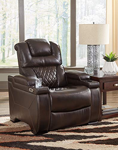 Signature Design by Ashley Warnerton Faux Leather Power Recliner with Adjustable Headrest, Brown