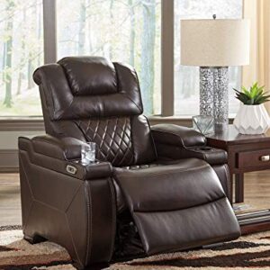 Signature Design by Ashley Warnerton Faux Leather Power Recliner with Adjustable Headrest, Brown