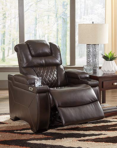 Signature Design by Ashley Warnerton Faux Leather Power Recliner with Adjustable Headrest, Brown