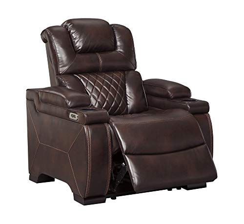 Signature Design by Ashley Warnerton Faux Leather Power Recliner with Adjustable Headrest, Brown