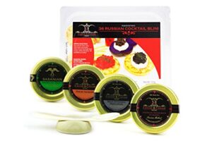 guaranteed overnight! american caviar sampler bowfin, salmon, paddlefish, premium sturgeon 1oz ea + free spoon & blini