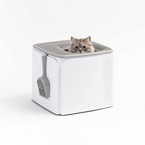 IRIS USA Large Premium Square Top Entry Cat Litter Box with Scoop, Kitty Litter Pan with Litter Particle Catching Cover and Privacy Walls, White/Gray