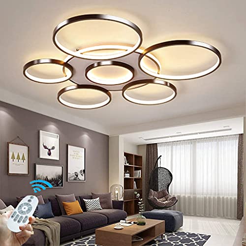 LED Ceiling Light Modern 7-Ring Living Room Ceiling Lamp Brown Round Circle Bedroom Ceiling Lamps fixture,3000K-6500K Dimmable with Remote Control Restaurant Indoor Ceiling Lighting,108W/Ø43.3in