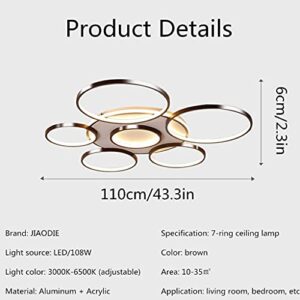 LED Ceiling Light Modern 7-Ring Living Room Ceiling Lamp Brown Round Circle Bedroom Ceiling Lamps fixture,3000K-6500K Dimmable with Remote Control Restaurant Indoor Ceiling Lighting,108W/Ø43.3in