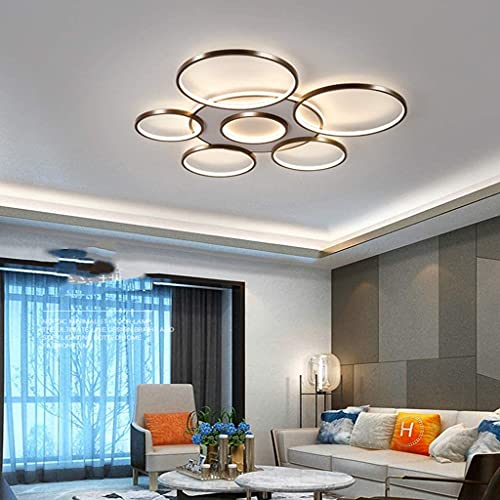 LED Ceiling Light Modern 7-Ring Living Room Ceiling Lamp Brown Round Circle Bedroom Ceiling Lamps fixture,3000K-6500K Dimmable with Remote Control Restaurant Indoor Ceiling Lighting,108W/Ø43.3in