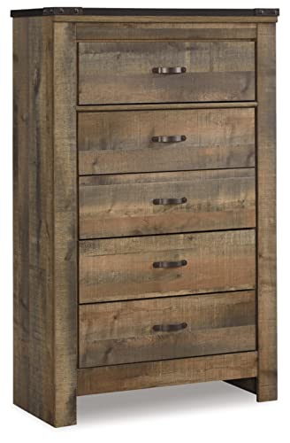 Signature Design by Ashley Trinell Rustic 5 Drawer Chest of Drawers with Nailhead Trim, Warm Brown