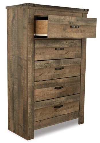 Signature Design by Ashley Trinell Rustic 5 Drawer Chest of Drawers with Nailhead Trim, Warm Brown