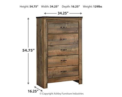 Signature Design by Ashley Trinell Rustic 5 Drawer Chest of Drawers with Nailhead Trim, Warm Brown