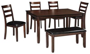 signature design by ashley coviar 6 piece dining set, includes table, 4 chairs & bench, dark brown