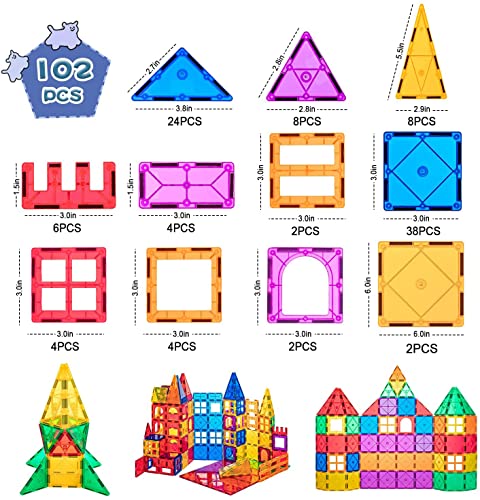 Compatible Magnetic Tiles Building Blocks STEM Toys for 3+ Year Old Boys and Girls Montessori Toys Toddler Kids Gifts Learning by Playing Activities - 102pcs Advanced Set