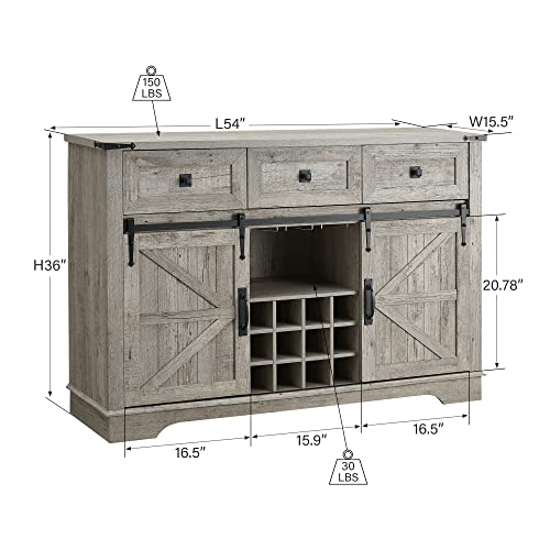 OKD Wine Bar Cabinet with Sliding Barn Doors, Farmhouse Sideboard and Buffet Cabinet with Wine Rack and Glass Hanging, Coffee Bar Cabinet for Home, Living, Dining Room, Kitchen (Light Rustic Oak)