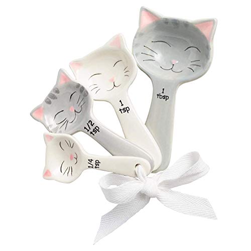 Cat Shaped Ceramic Measuring Spoons - Gift for Any Cat Lover - Cat Ceramic Measuring Spoons Baking Tool - Creative Functional Kitchen Decor - Comes in White and Gray - Set of 4