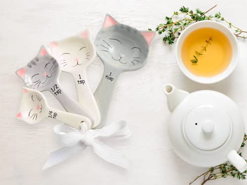 Cat Shaped Ceramic Measuring Spoons - Gift for Any Cat Lover - Cat Ceramic Measuring Spoons Baking Tool - Creative Functional Kitchen Decor - Comes in White and Gray - Set of 4