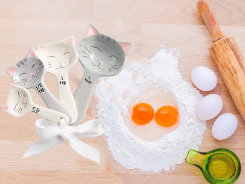 Cat Shaped Ceramic Measuring Spoons - Gift for Any Cat Lover - Cat Ceramic Measuring Spoons Baking Tool - Creative Functional Kitchen Decor - Comes in White and Gray - Set of 4