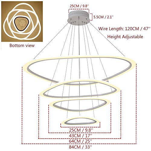 Ziplighting Modern LED Chandelier Pendant Light with 4 Triangle Ring Adjustable Pendant Light Ceiling Fixture Contemporary for Bedroom Living Room Dining Room Kitchen Island with Remote Control