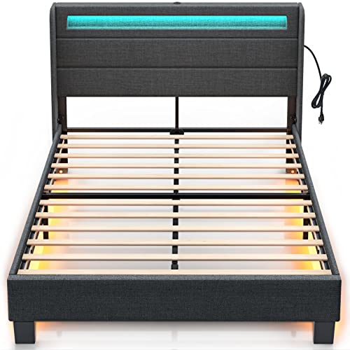 Rolanstar Bed Frame Queen Size with Headboard, Upholstered Platform Bed Frame Queen with LED Lights and USB Ports, Motion Activated Night Light & Solid Wood Slats, No Box Spring Needed, Dark Grey