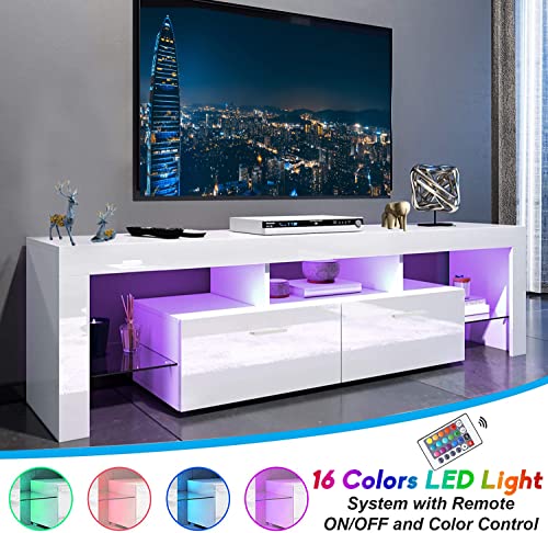 Binrrio Modern TV Stand with 16 Colors LED Light for TV up to 70 Inches, High Glossy TV Cabinet Media Storage Entertainment Center Console Table with Drawer and Shelves for Living Room Bedroom