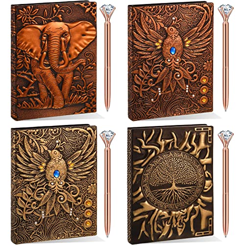 4 Sets Embossed Leather Journal Writing Notebooks with Diamond Pens, Antique Handmade Vintage Travel Diary Daily Sketchbook, 3D Phoenix Elephant Life Tree Pattern A5 Notepad Present for Women Men