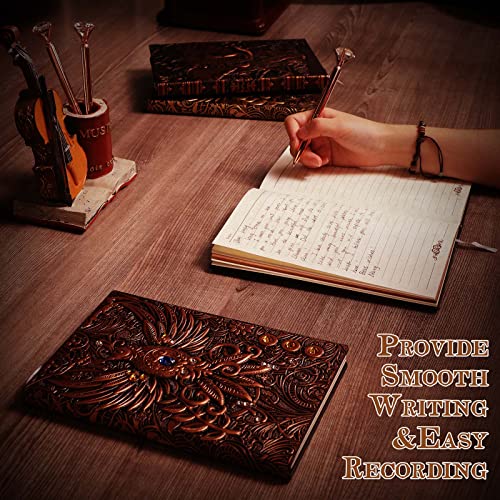 4 Sets Embossed Leather Journal Writing Notebooks with Diamond Pens, Antique Handmade Vintage Travel Diary Daily Sketchbook, 3D Phoenix Elephant Life Tree Pattern A5 Notepad Present for Women Men