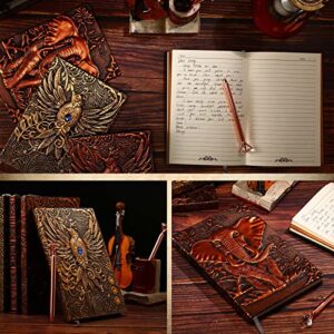 4 Sets Embossed Leather Journal Writing Notebooks with Diamond Pens, Antique Handmade Vintage Travel Diary Daily Sketchbook, 3D Phoenix Elephant Life Tree Pattern A5 Notepad Present for Women Men