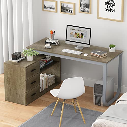 Homsee Home Office Computer Desk Corner Desk with 3 Drawers and 2 Shelves, 55 Inch Large L-Shaped Study Writing Table with Storage Cabinet - Light Brown