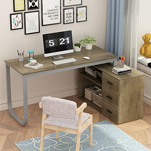 Homsee Home Office Computer Desk Corner Desk with 3 Drawers and 2 Shelves, 55 Inch Large L-Shaped Study Writing Table with Storage Cabinet - Light Brown