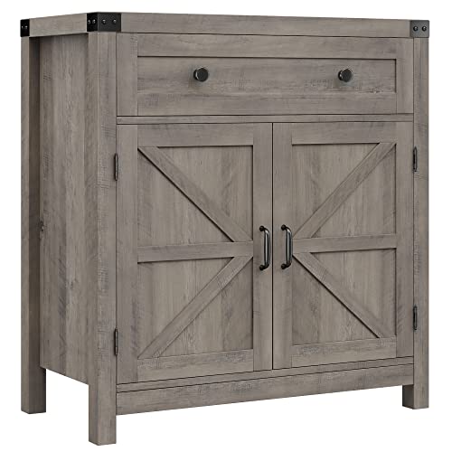 HOSTACK Coffee Bar Cabinet, Modern Farmhouse Buffet Sideboard with Drawer and Adjustable Shelf, Barn Door Storage Cabinet for Kitchen, Dining Room, Bathroom, Entryway, Ash Grey