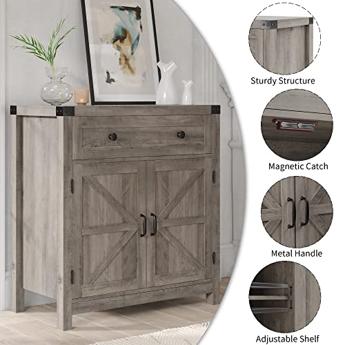 HOSTACK Coffee Bar Cabinet, Modern Farmhouse Buffet Sideboard with Drawer and Adjustable Shelf, Barn Door Storage Cabinet for Kitchen, Dining Room, Bathroom, Entryway, Ash Grey