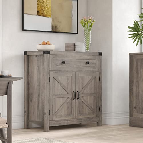 HOSTACK Coffee Bar Cabinet, Modern Farmhouse Buffet Sideboard with Drawer and Adjustable Shelf, Barn Door Storage Cabinet for Kitchen, Dining Room, Bathroom, Entryway, Ash Grey