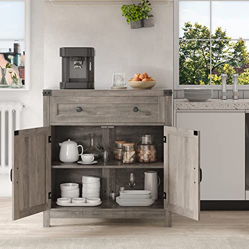 HOSTACK Coffee Bar Cabinet, Modern Farmhouse Buffet Sideboard with Drawer and Adjustable Shelf, Barn Door Storage Cabinet for Kitchen, Dining Room, Bathroom, Entryway, Ash Grey