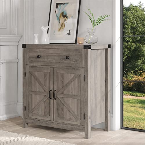 HOSTACK Coffee Bar Cabinet, Modern Farmhouse Buffet Sideboard with Drawer and Adjustable Shelf, Barn Door Storage Cabinet for Kitchen, Dining Room, Bathroom, Entryway, Ash Grey