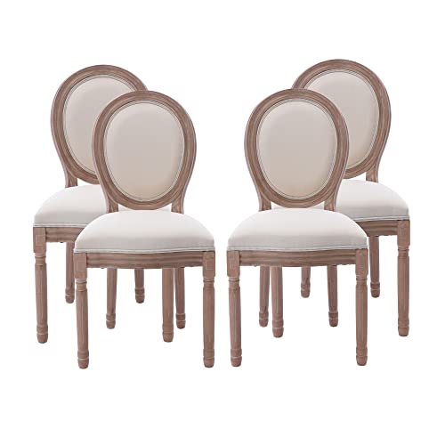 Nrizc French Country Dining Chairs Set of 4, Farmhouse Fabric Dining Room Chairs with Round Back, Solid Wood Legs, Oval Side Chairs for Kitchen/Bedroom/Dining Room