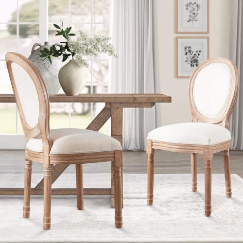 Nrizc French Country Dining Chairs Set of 4, Farmhouse Fabric Dining Room Chairs with Round Back, Solid Wood Legs, Oval Side Chairs for Kitchen/Bedroom/Dining Room