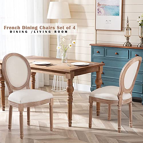 Nrizc French Country Dining Chairs Set of 4, Farmhouse Fabric Dining Room Chairs with Round Back, Solid Wood Legs, Oval Side Chairs for Kitchen/Bedroom/Dining Room