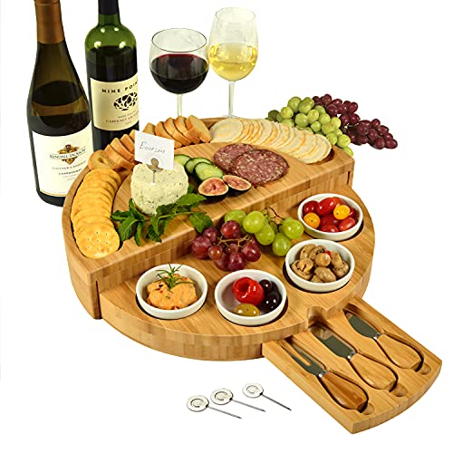 Picnic at Ascot Deluxe Bamboo Cheese / Charcuterie Board with Accessories & Cheese Markers - Innovative Patented Design - Quality Assured in The USA