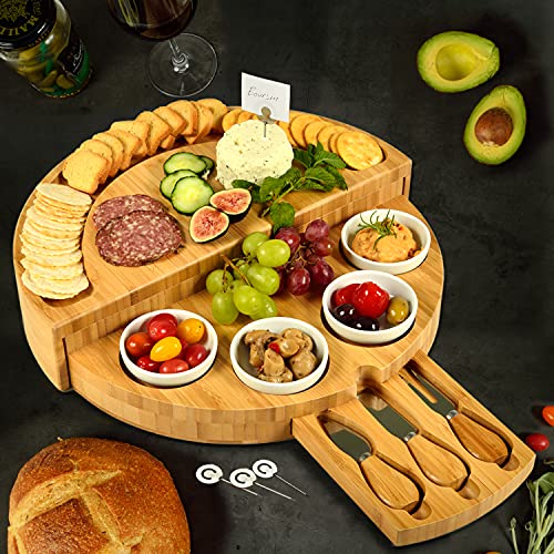 Picnic at Ascot Deluxe Bamboo Cheese / Charcuterie Board with Accessories & Cheese Markers - Innovative Patented Design - Quality Assured in The USA