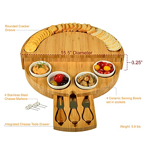 Picnic at Ascot Deluxe Bamboo Cheese / Charcuterie Board with Accessories & Cheese Markers - Innovative Patented Design - Quality Assured in The USA