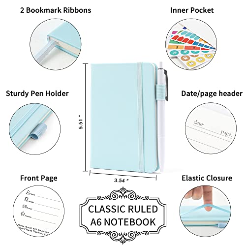 feela 15 Pack Pocket Small Notebooks Bulk, Mini Cute Notepads Hardcover College Ruled Lined Journals with Pen Holder for School Business Memos, with 15 Black Pens, 3.5”x 5.5”, A6, Sky Blue