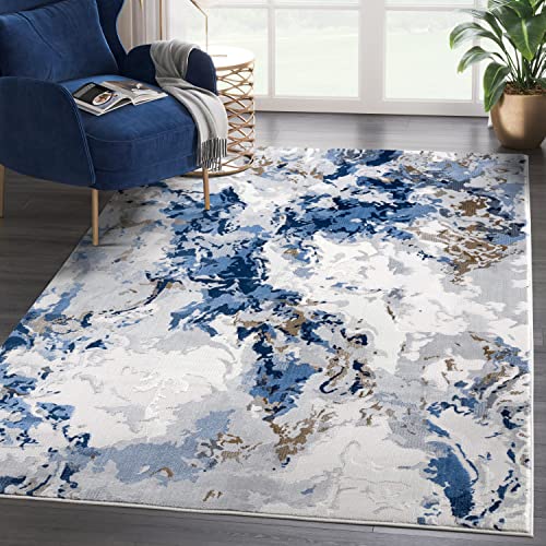 Abani Transitional Rugs Grey & Blue Swirl 4' x 6' Area Rug - Abstract Marble Watercolor No-Shed Premium Dining Room Rug